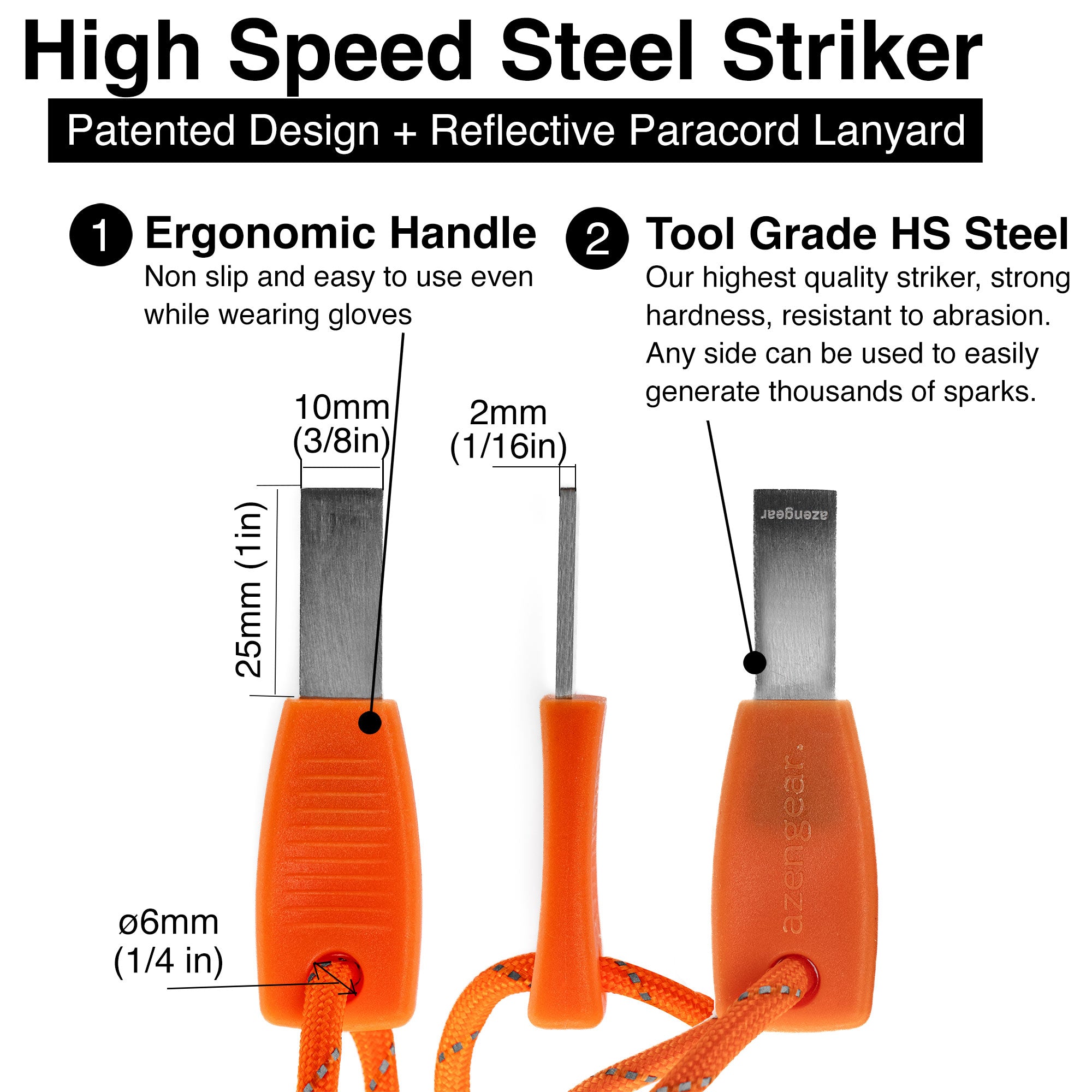 aZengear Camping Flint and Steel Fire Starter, Ferro Rod, HSS Striker