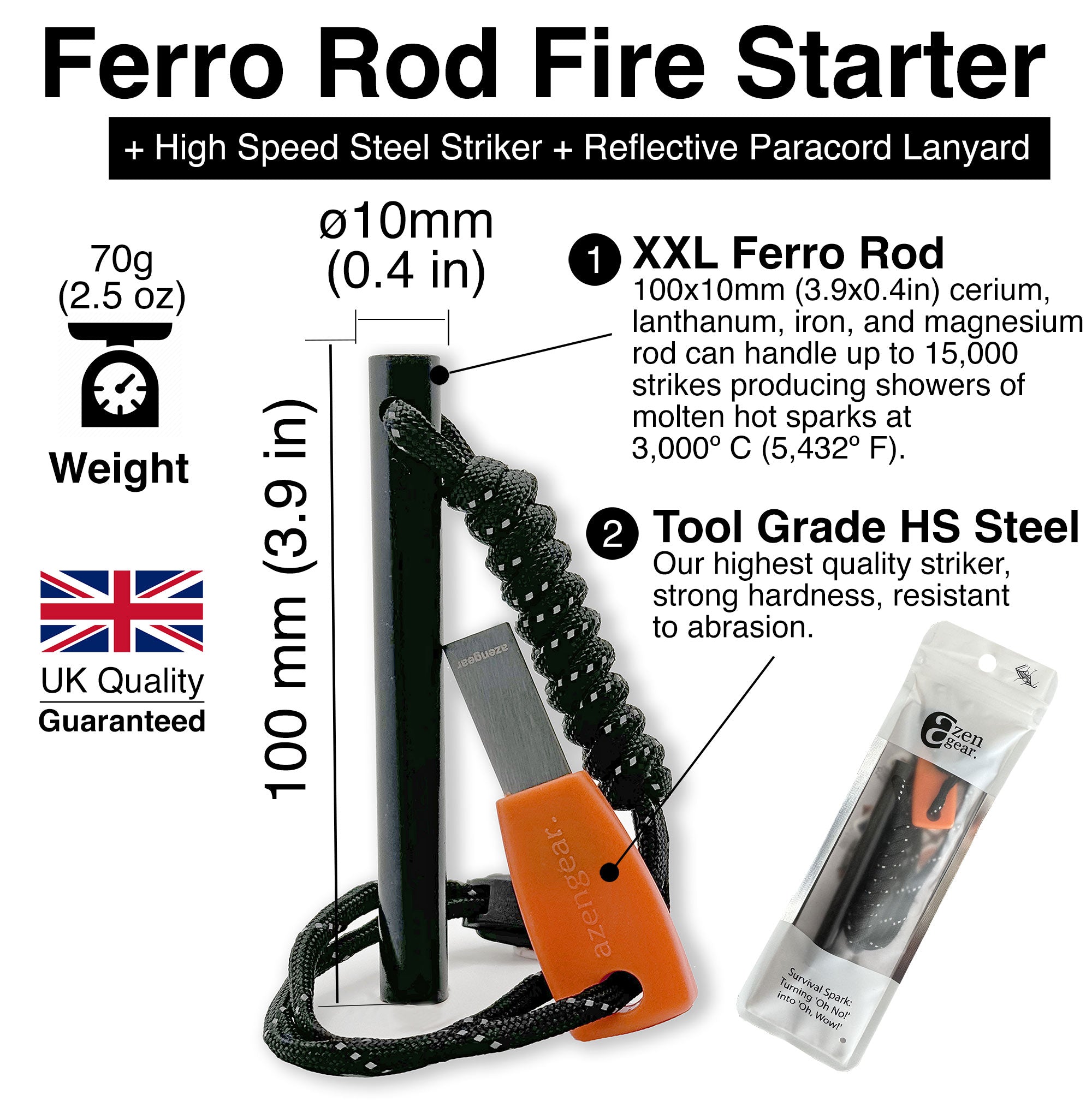 aZengear Camping Flint and Steel Fire Starter, Ferro Rod, HSS Striker