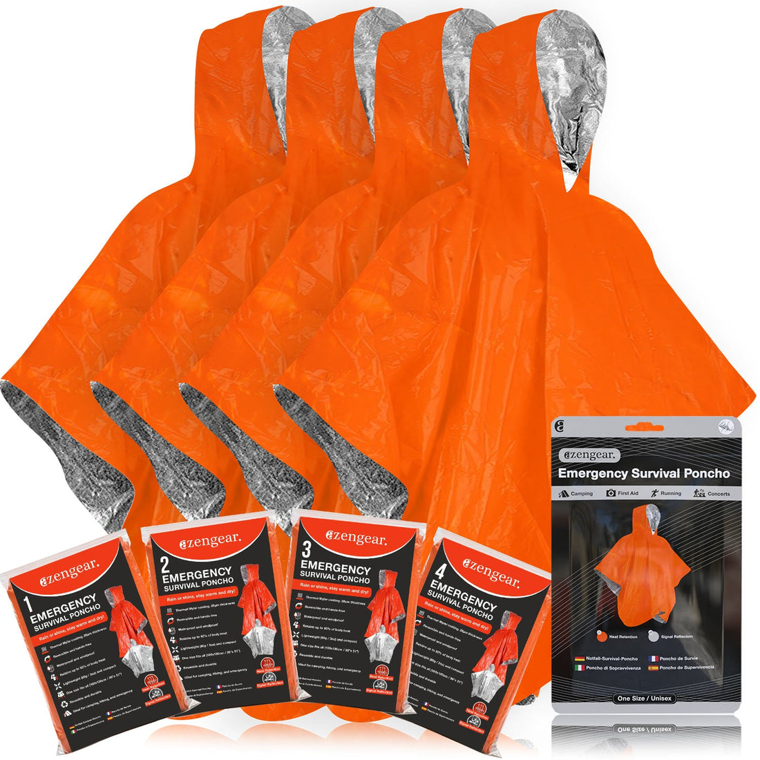 Emergency Survival Poncho Blanket (4pc), Reversible with Hood ...