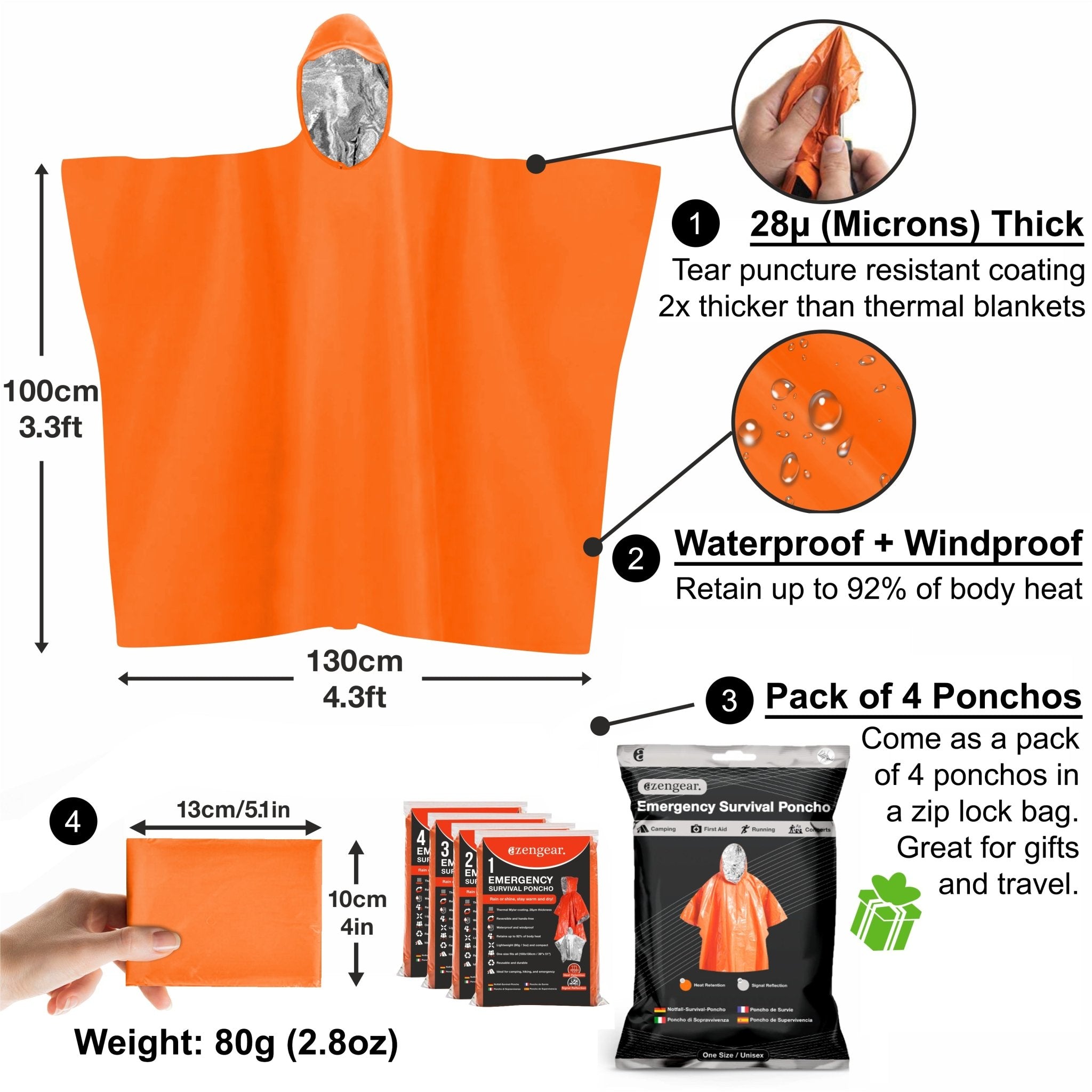 Emergency Survival Poncho Blanket (4pc), Reversible with Hood ...